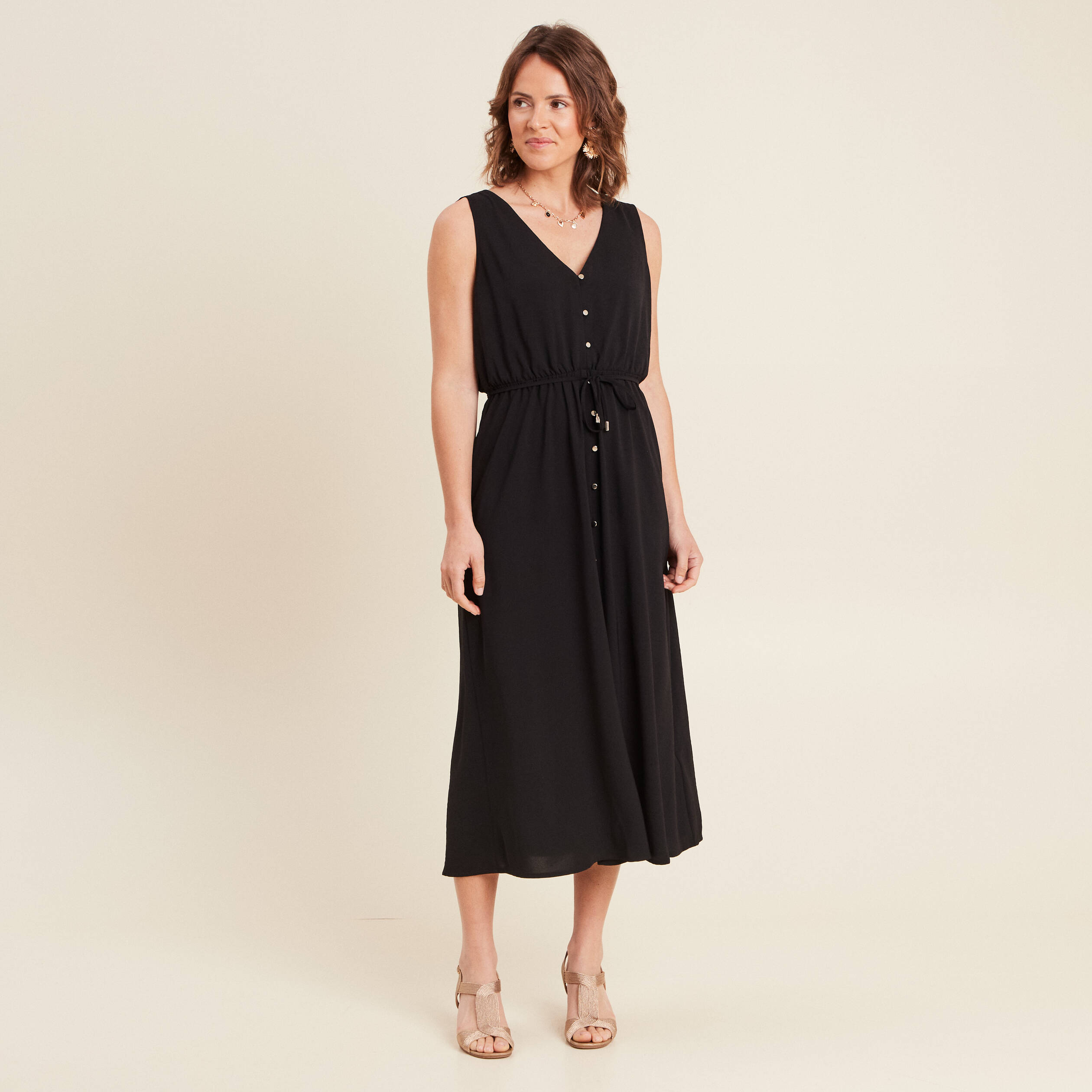 Robe évasée col V sans manches noir femme | Bréal