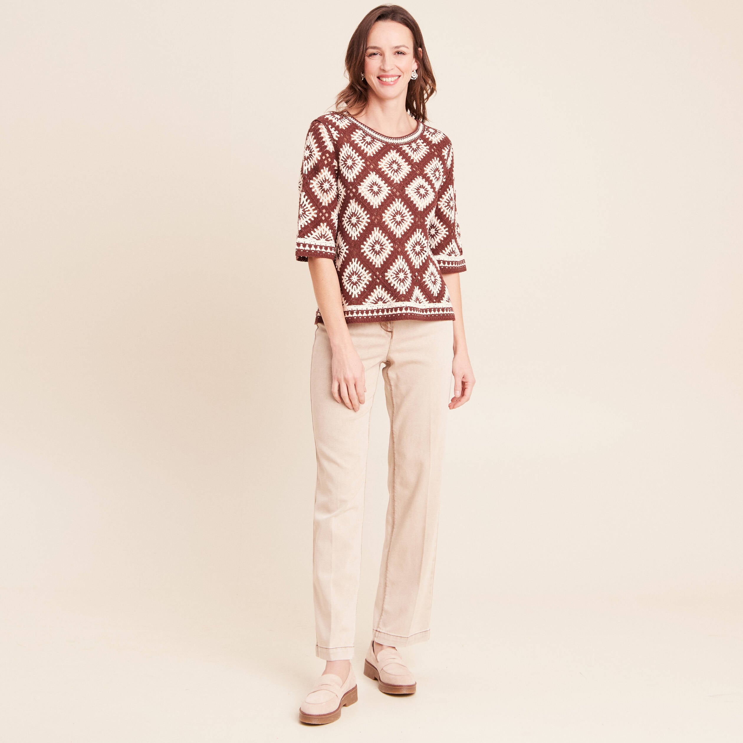 Pull en crochet col rond manches courtes marron femme | Bréal