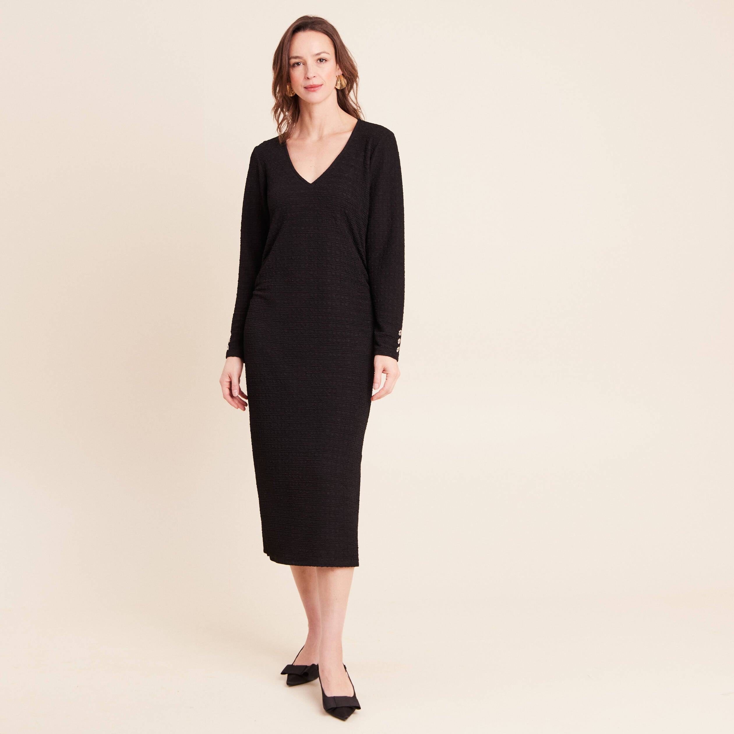 Robe col v manches longues noir femme | Bréal
