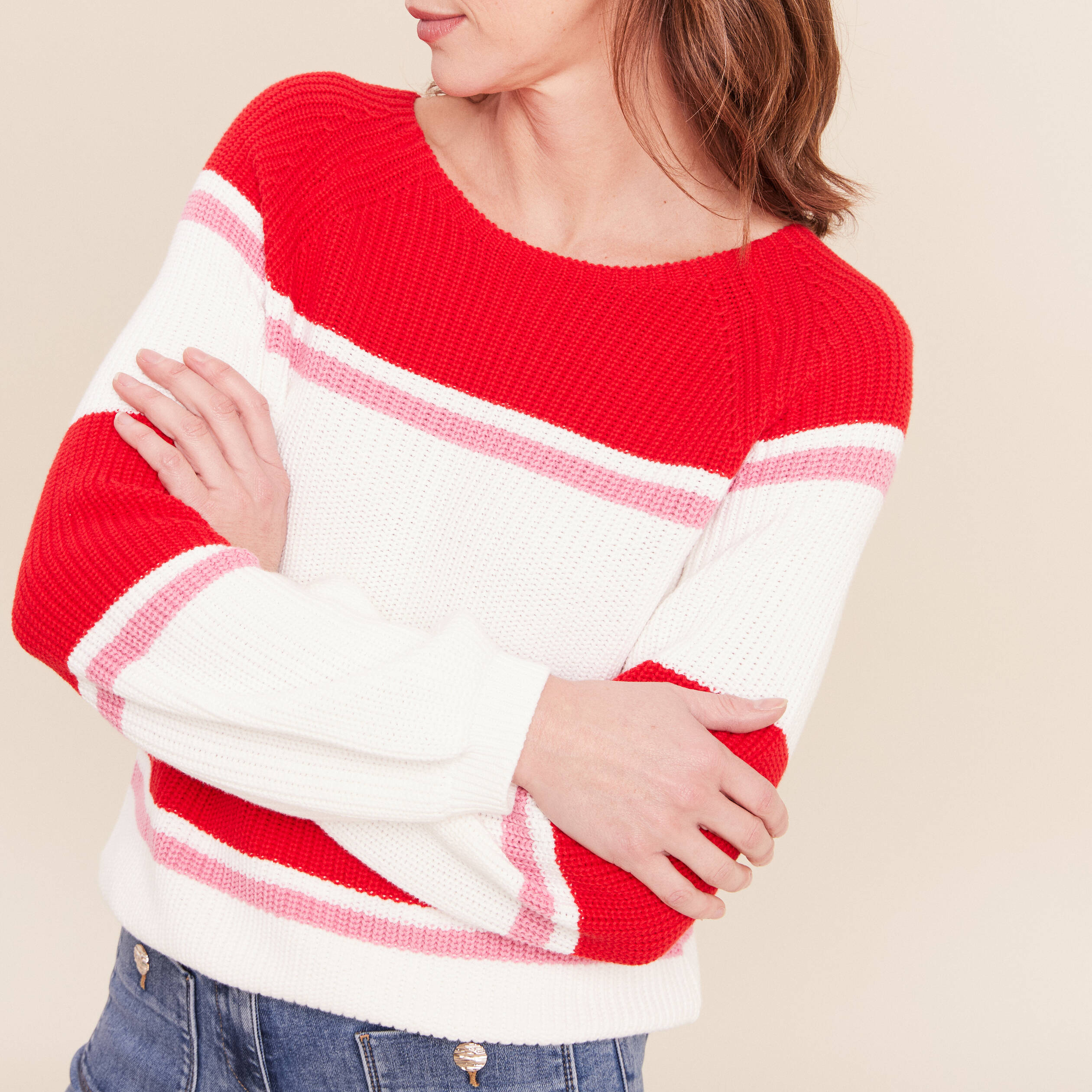 Pull droit col rond en coton ecru femme | Bréal