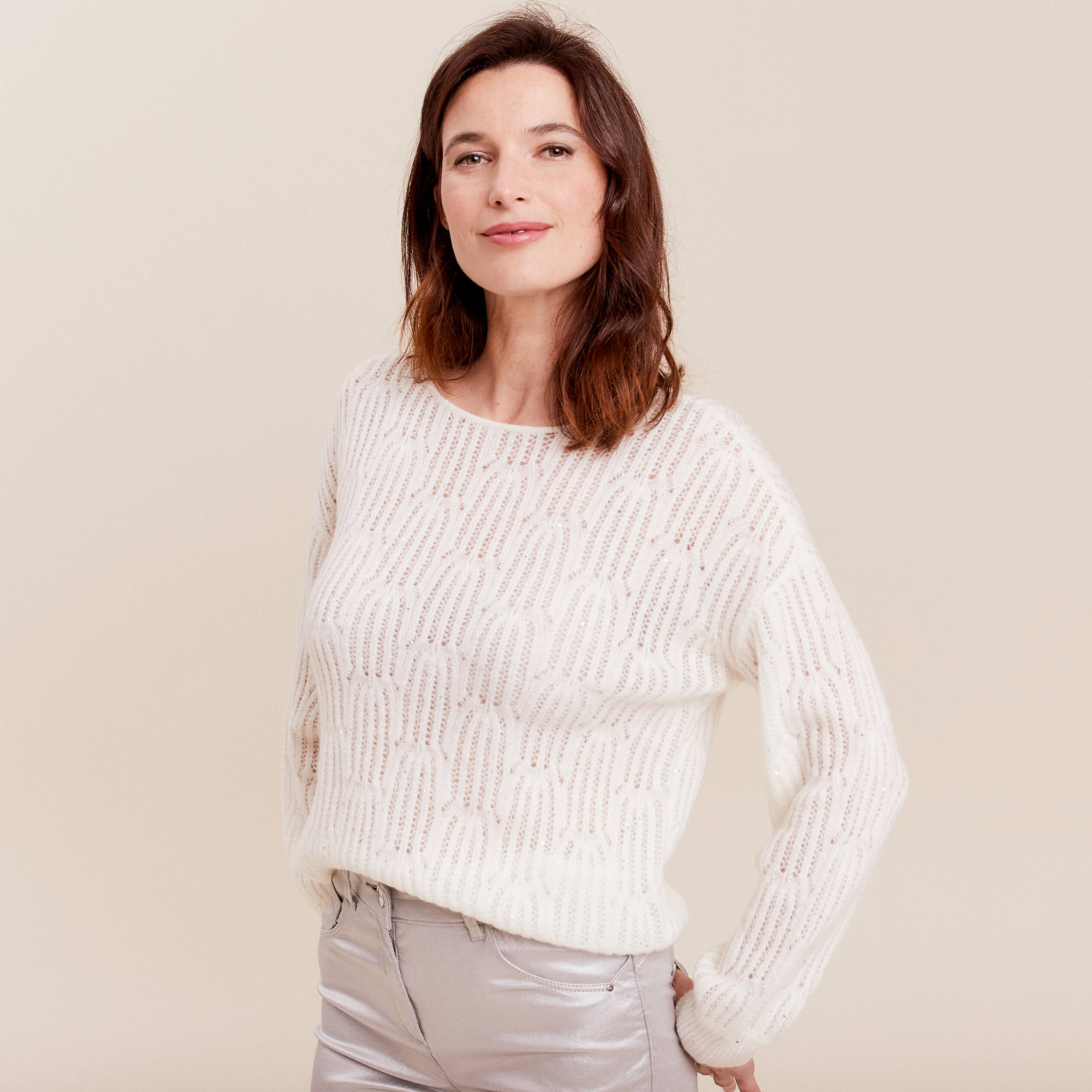 Pull manches longues sequins ecru femme | Bréal
