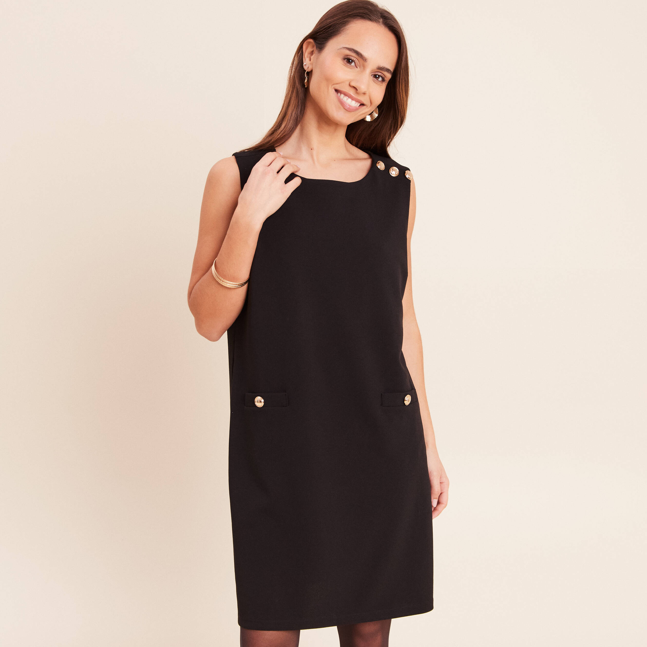 Robe droite courte sans manches col rond noir femme | Bréal