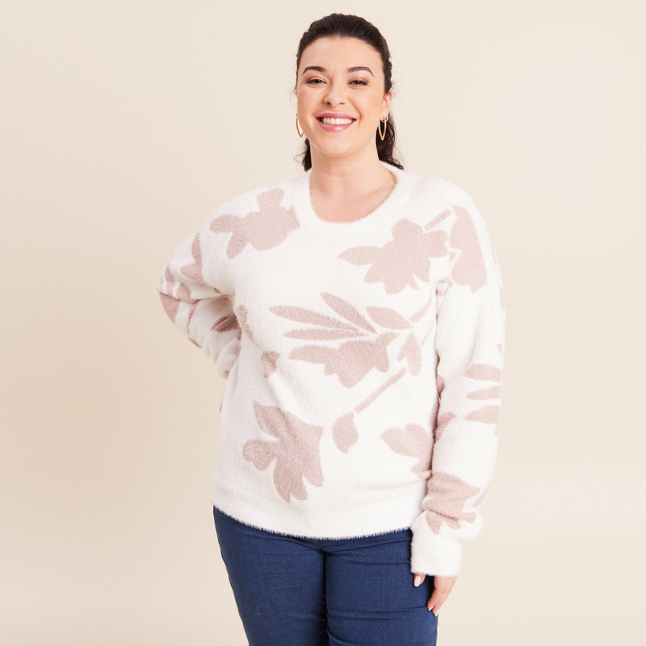 Pull col rond manches longues beige femme | Bréal