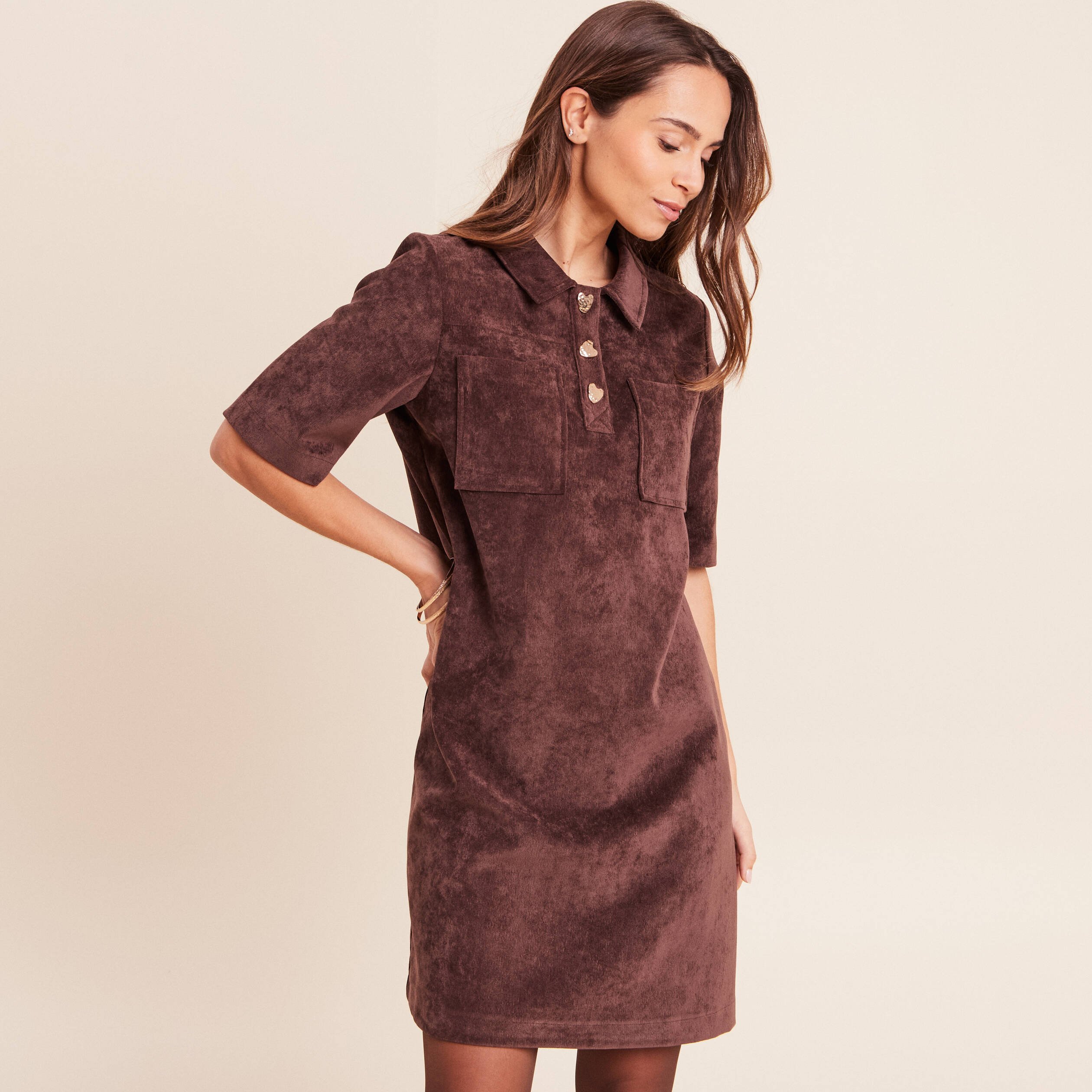 Robe droite courte manches coudes marron foncé femme | Bréal
