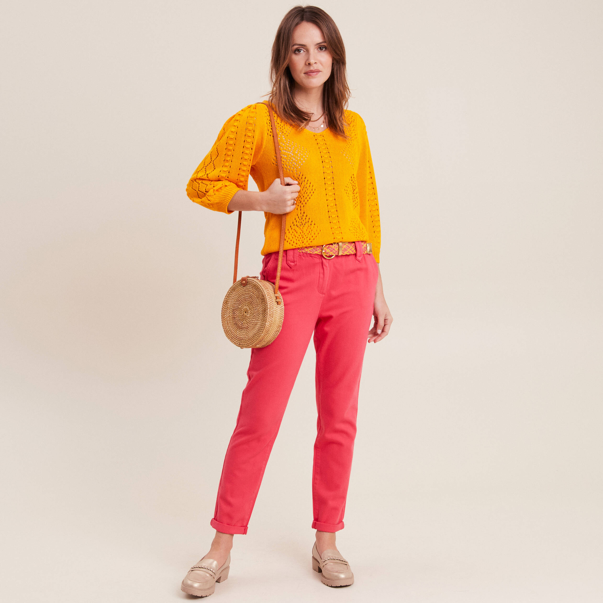Pantalon carotte ceinturé rose cerise femme | Bréal