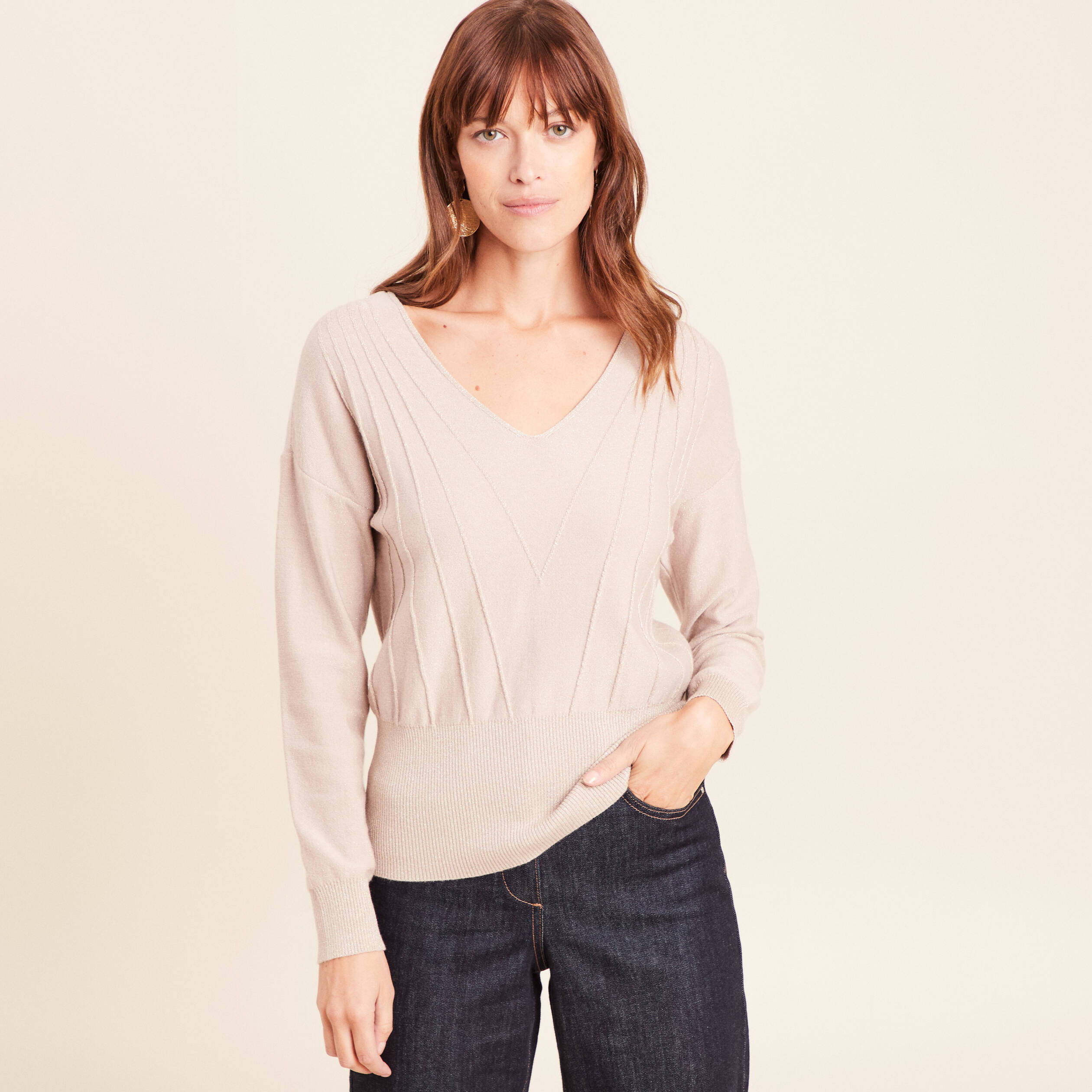 Pull col v manches longues brillant couleur or femme | Bréal