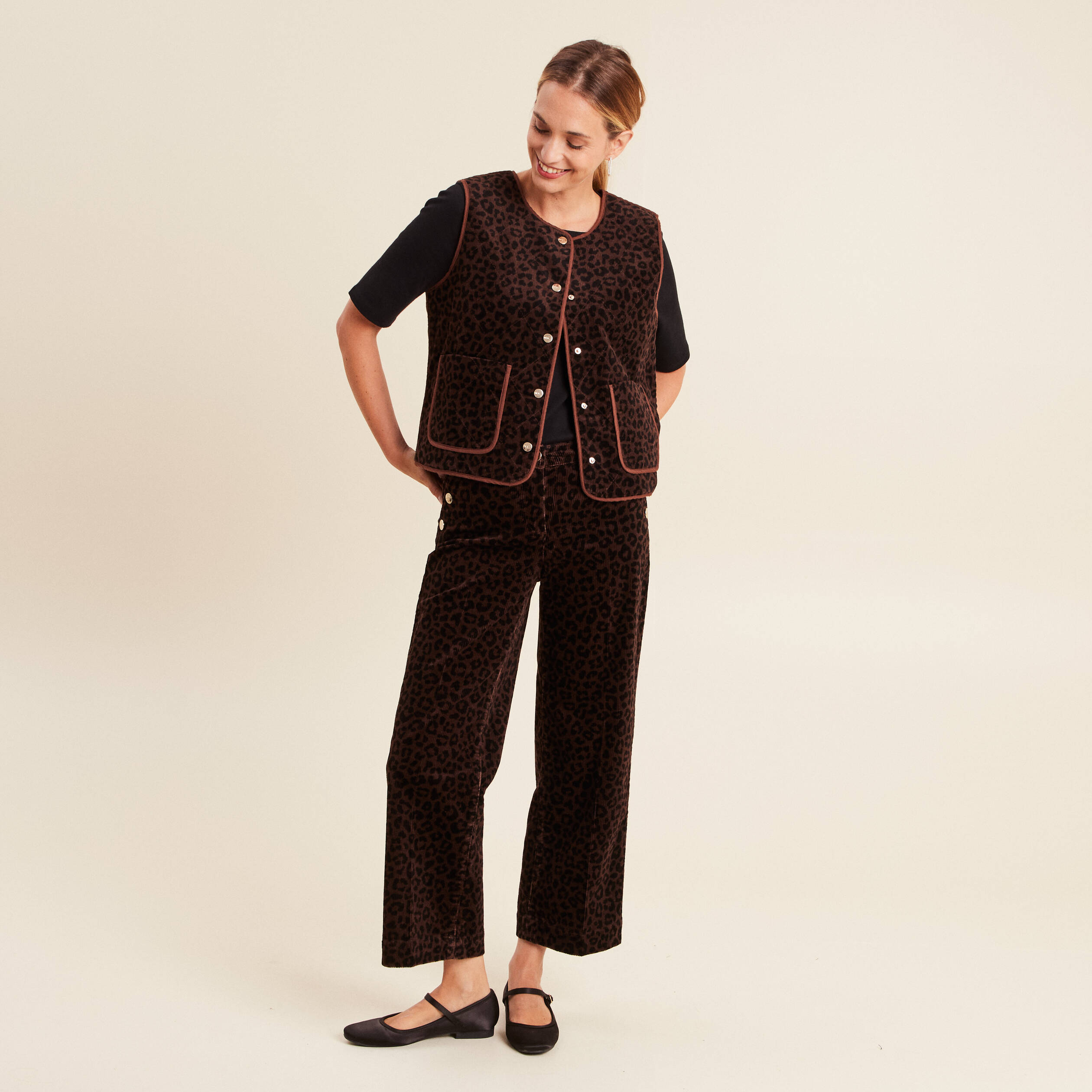 Pantalon droit 7/8ème en velours marron cognac femme | Bréal
