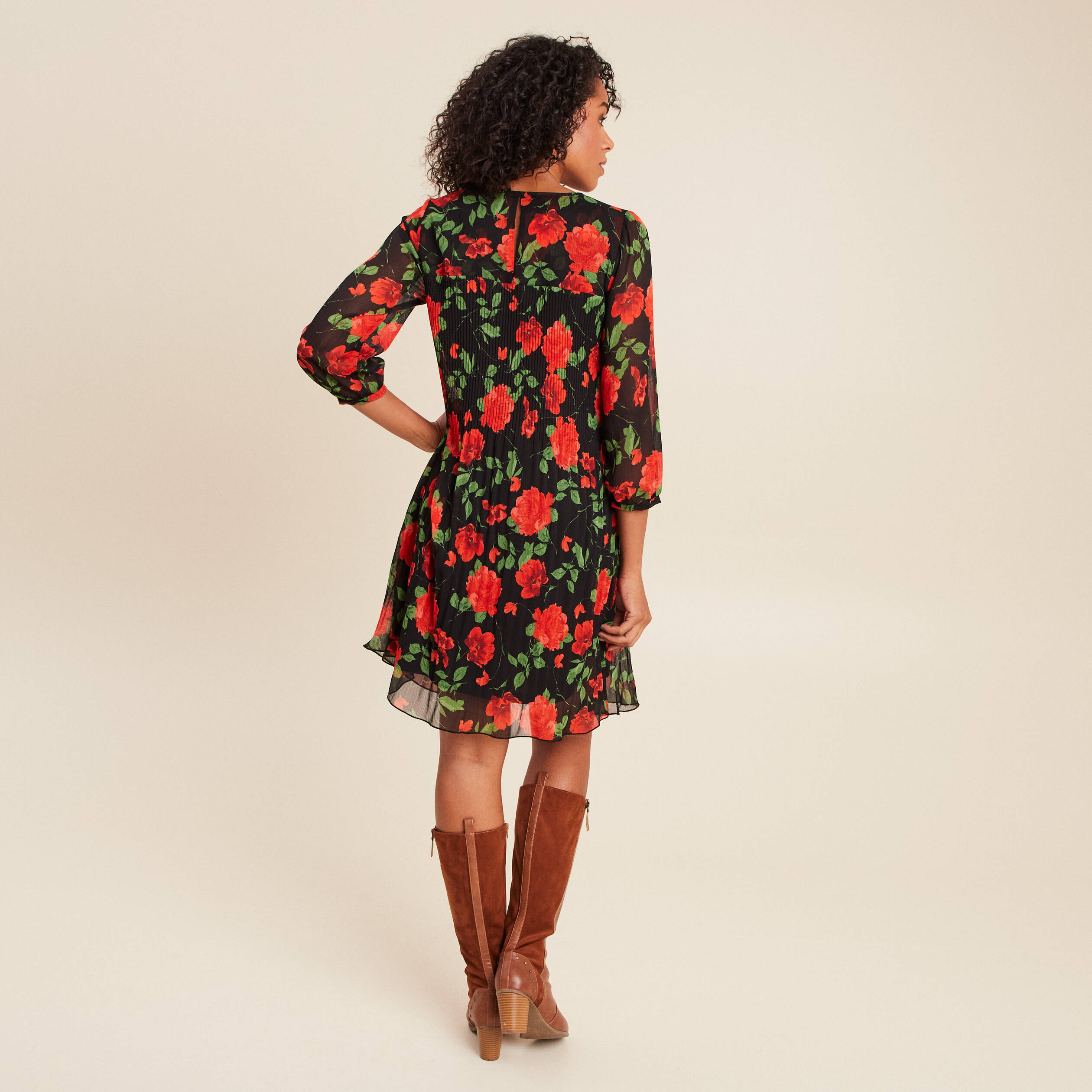 Robe courte évasée plissée manches 3/4 rouge femme | Bréal