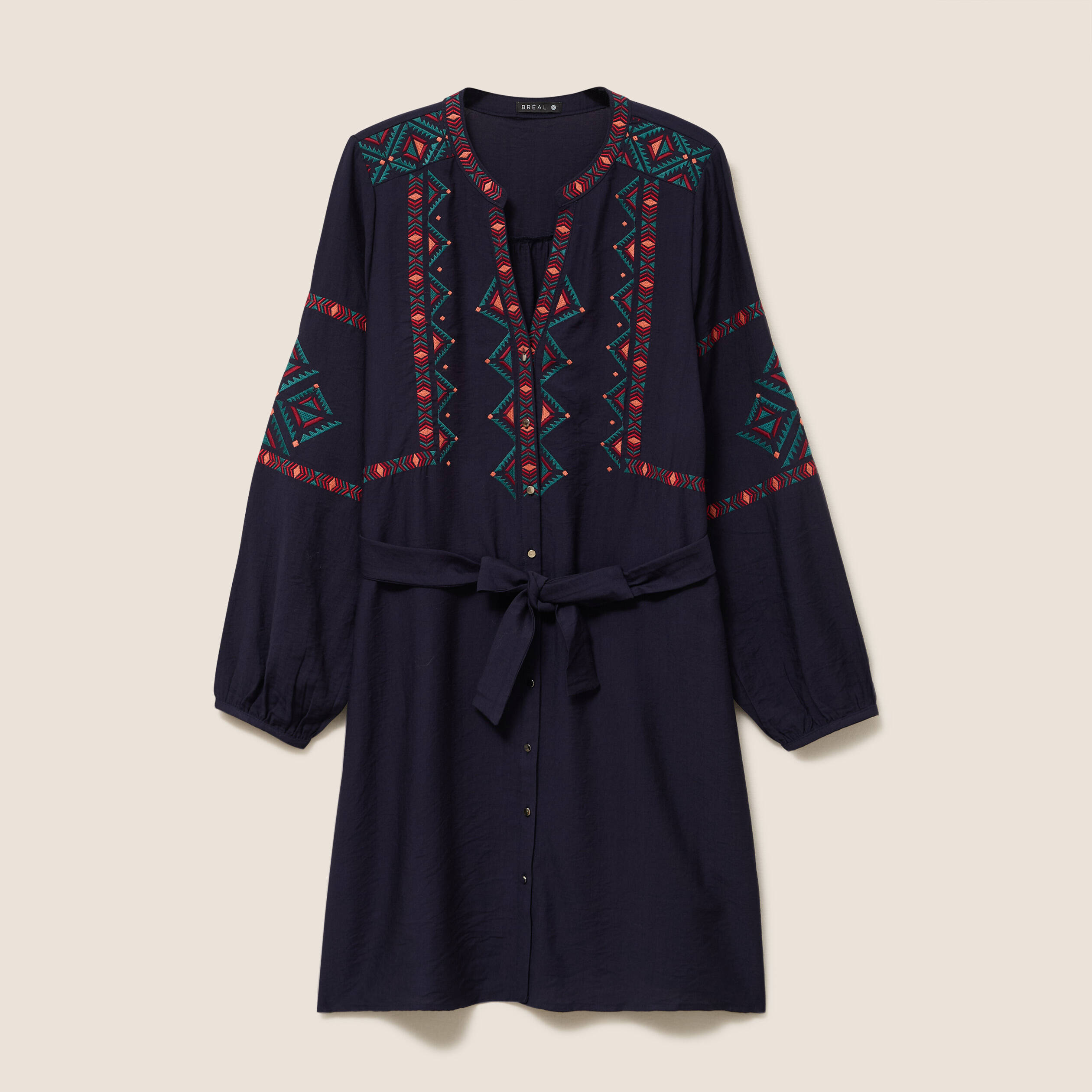 Robe brodée col tunisien rouge femme | Bréal