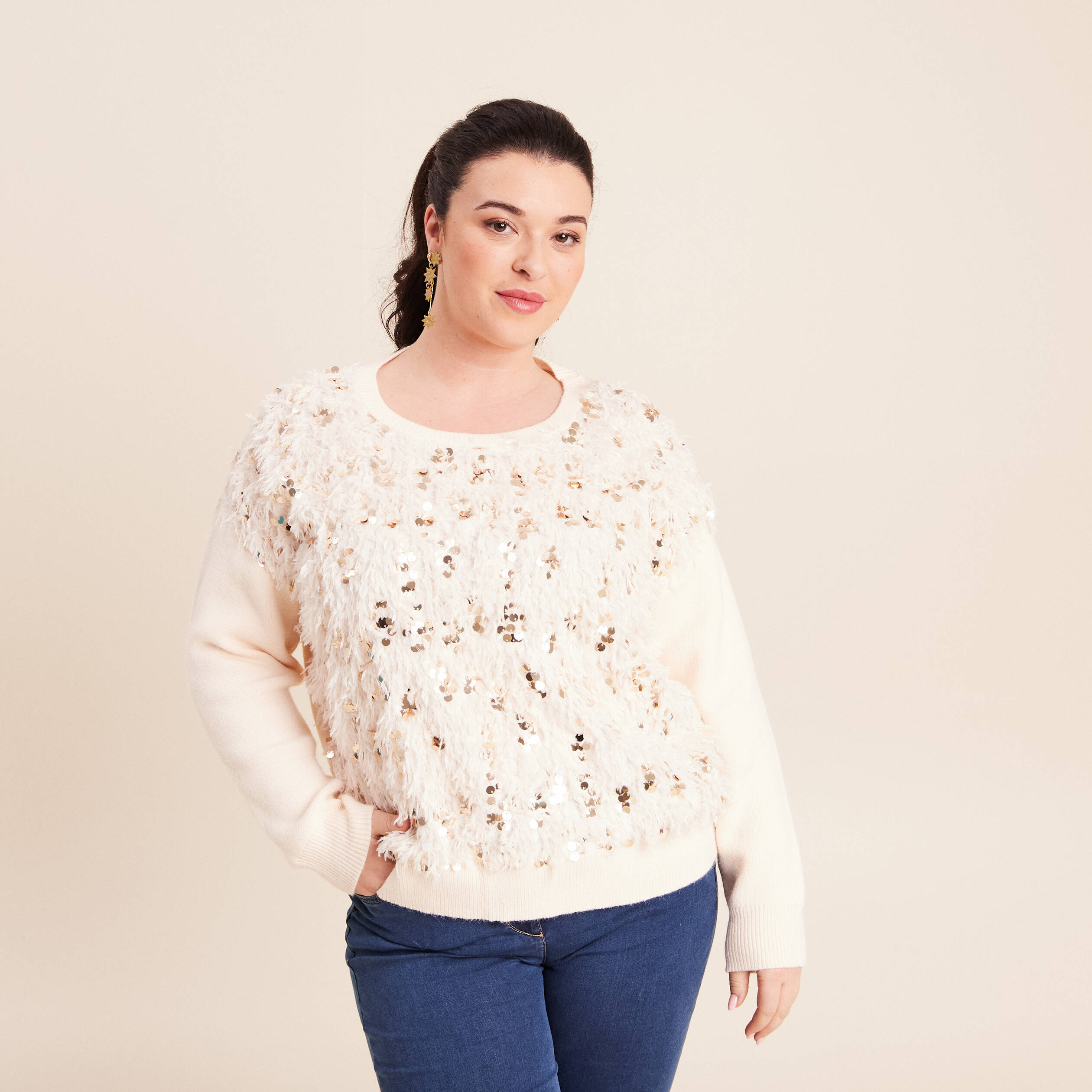 Pull col rond manches longues doublé ecru femme | Bréal
