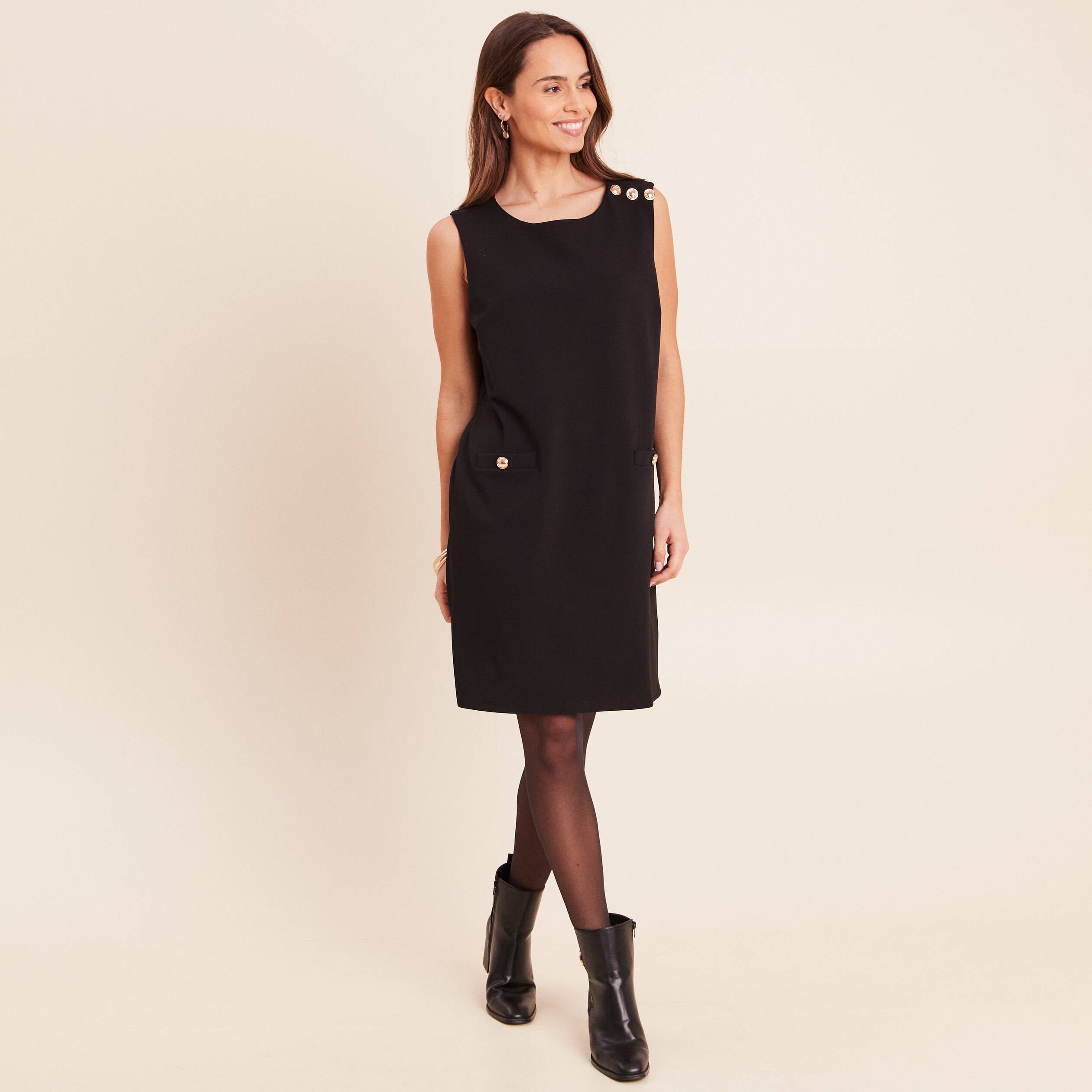 Robe droite courte sans manches col rond noir femme | Bréal