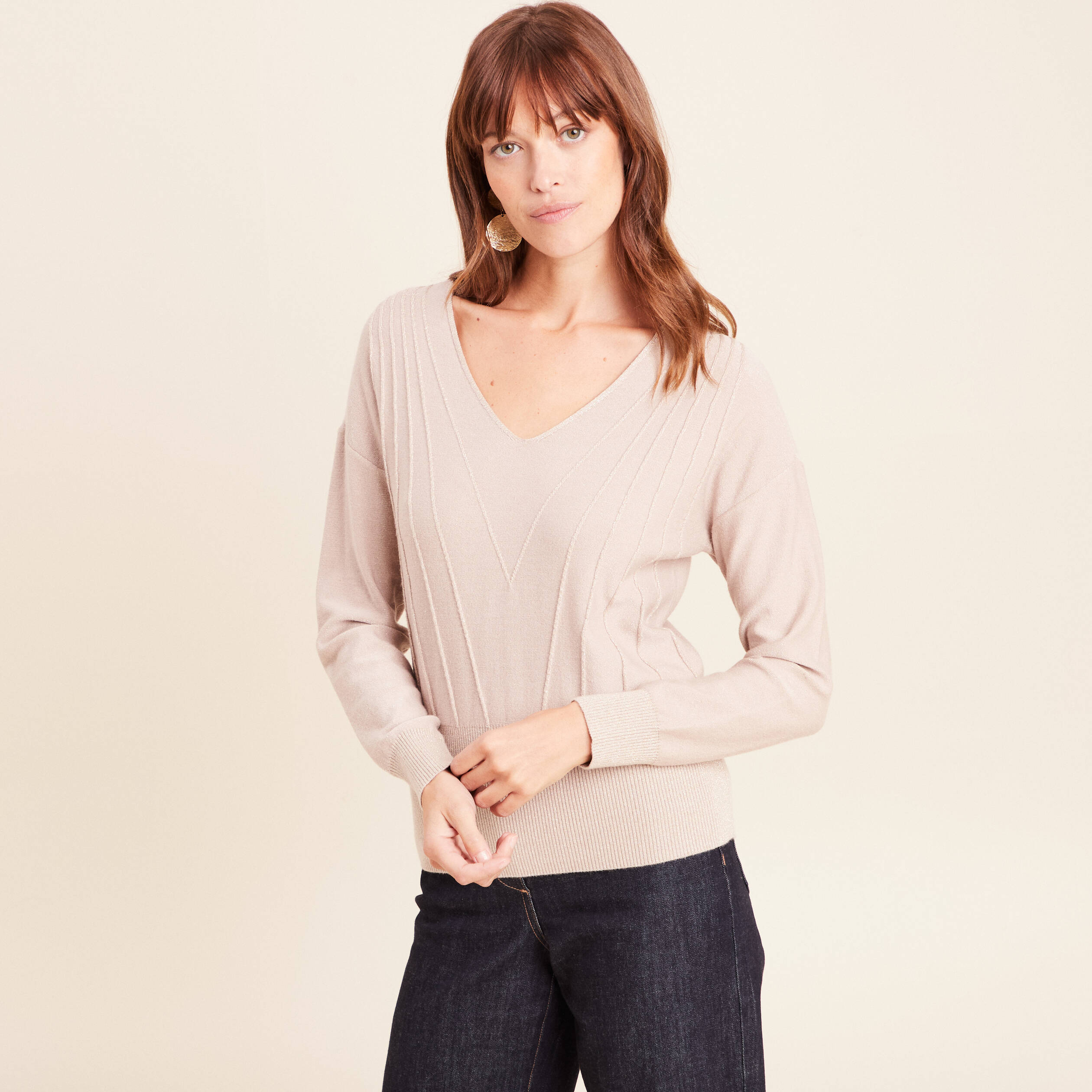 Pull col v manches longues brillant couleur or femme | Bréal