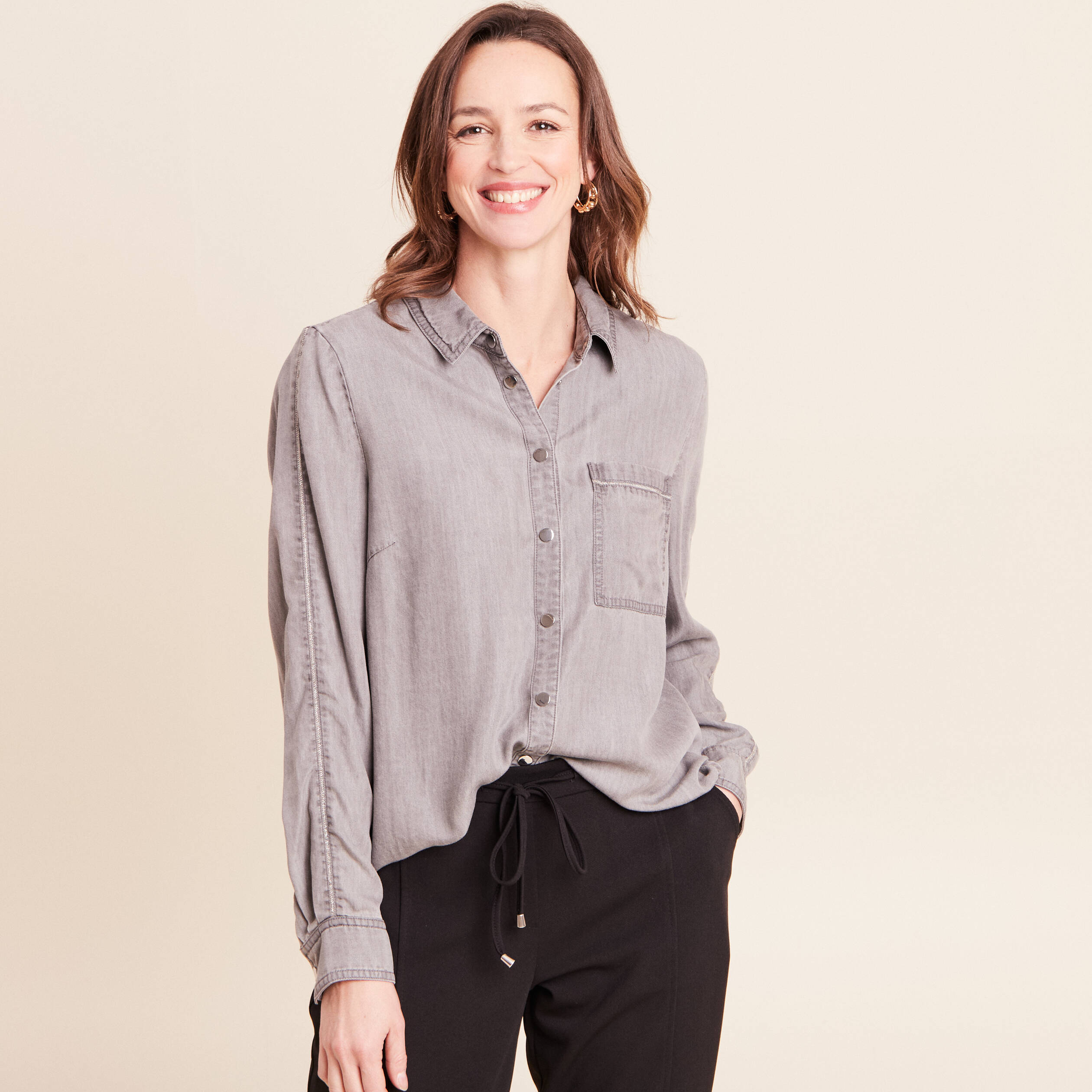 Chemise col chemise manches longues denim gris femme | Bréal
